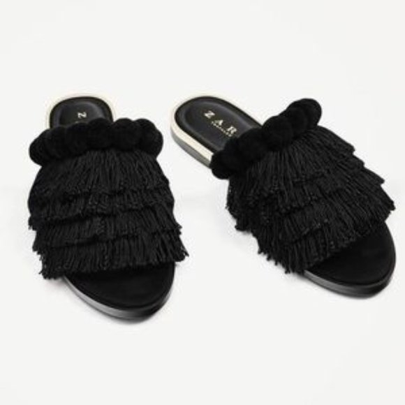 Zara | Shoes | Zara Black Tassel Rope Pom Pom Flat Slides Sandals ...